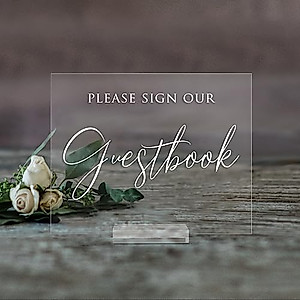 Elegant Please Sign Our Guestbook Acrylic Modern Wedding Sign with Included Clear Acrylic Base - Perfect for Weddings (8X10 or 5X7 with Clear Acrylic Stand) - Sweet Carolina Collective