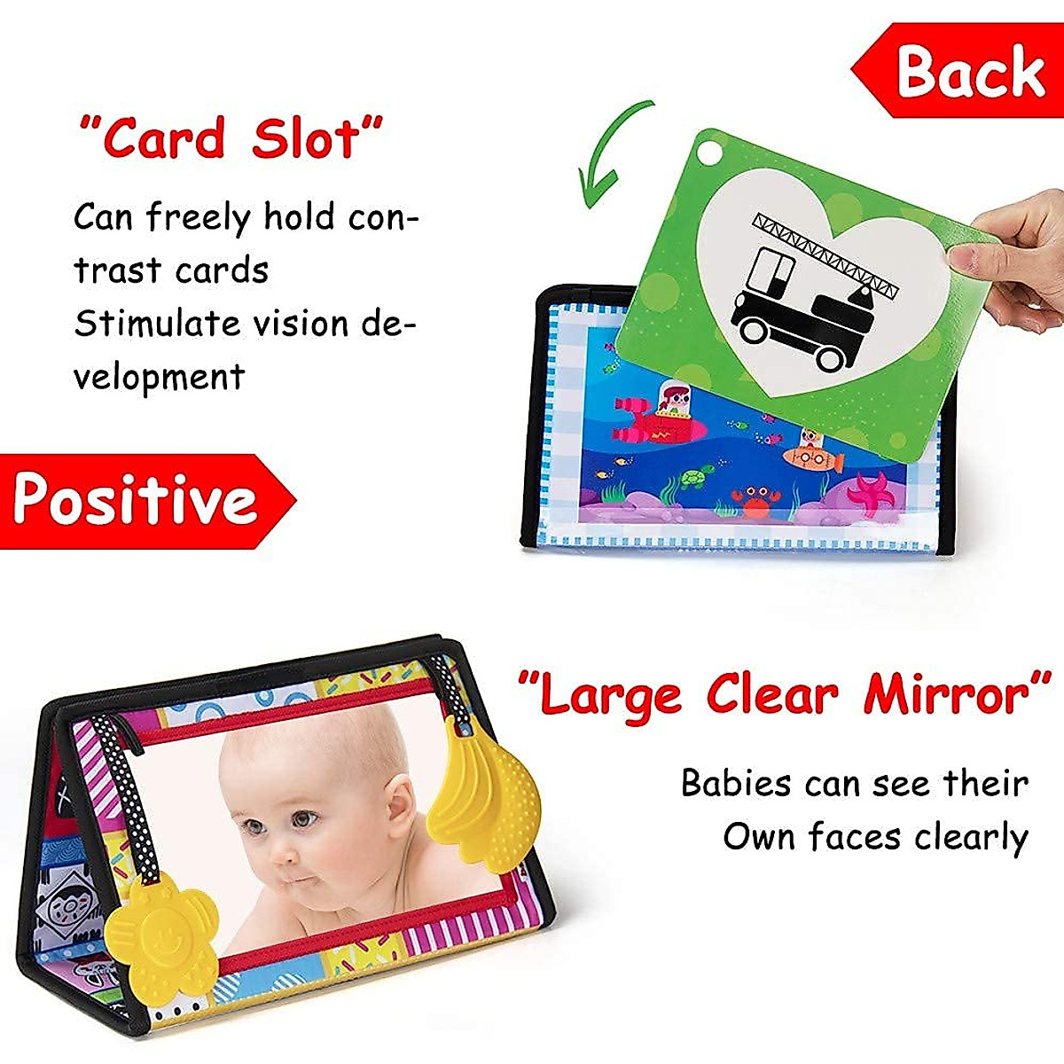 beetoy Baby Tummy Time Mirror Black and White High Contrast Mirror Toys with 10 Flash Cards 2 Teether, Developmental Timmy Time Toys for Newborn Infant 0 3 6 Months Gift