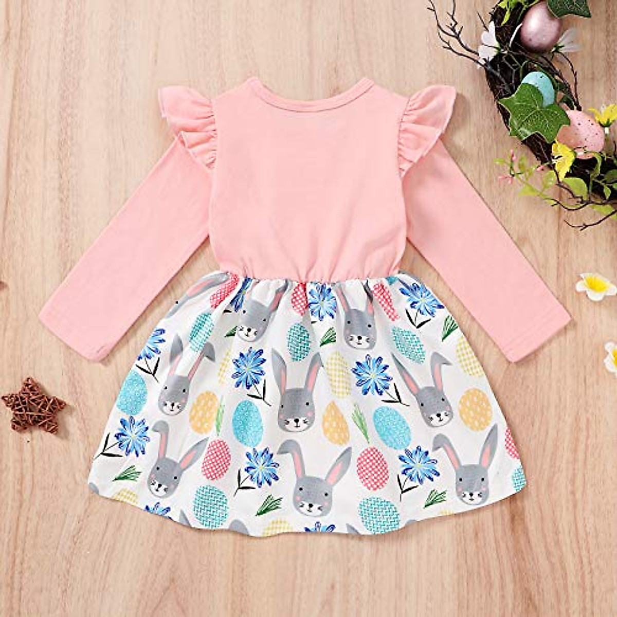 YOUNGER TREE Toddler Baby Girl Easter Outfits Ruffle Long Sleeve Top Bunny Egg Print Skirt One-Piece Girl Dress Clothes (18-24 Months, Pink/Bunny Egg)