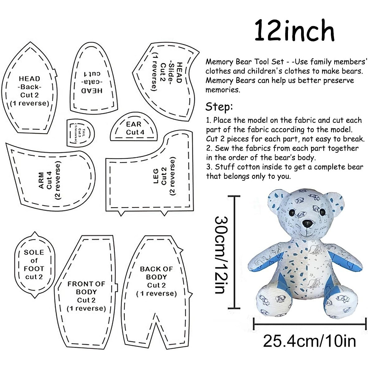 TIMESS 10 PCS Memory Bear Sewing Patterns Template, Acrylic Quilting Templates Cutting Set, 12 Inches