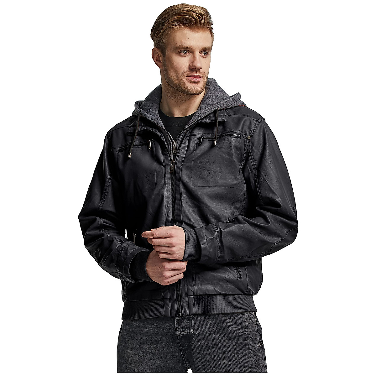 wantdo Men's Spring Faux Leather Jacket with Hood Outdoor Jacket Black Large (Lightweight)