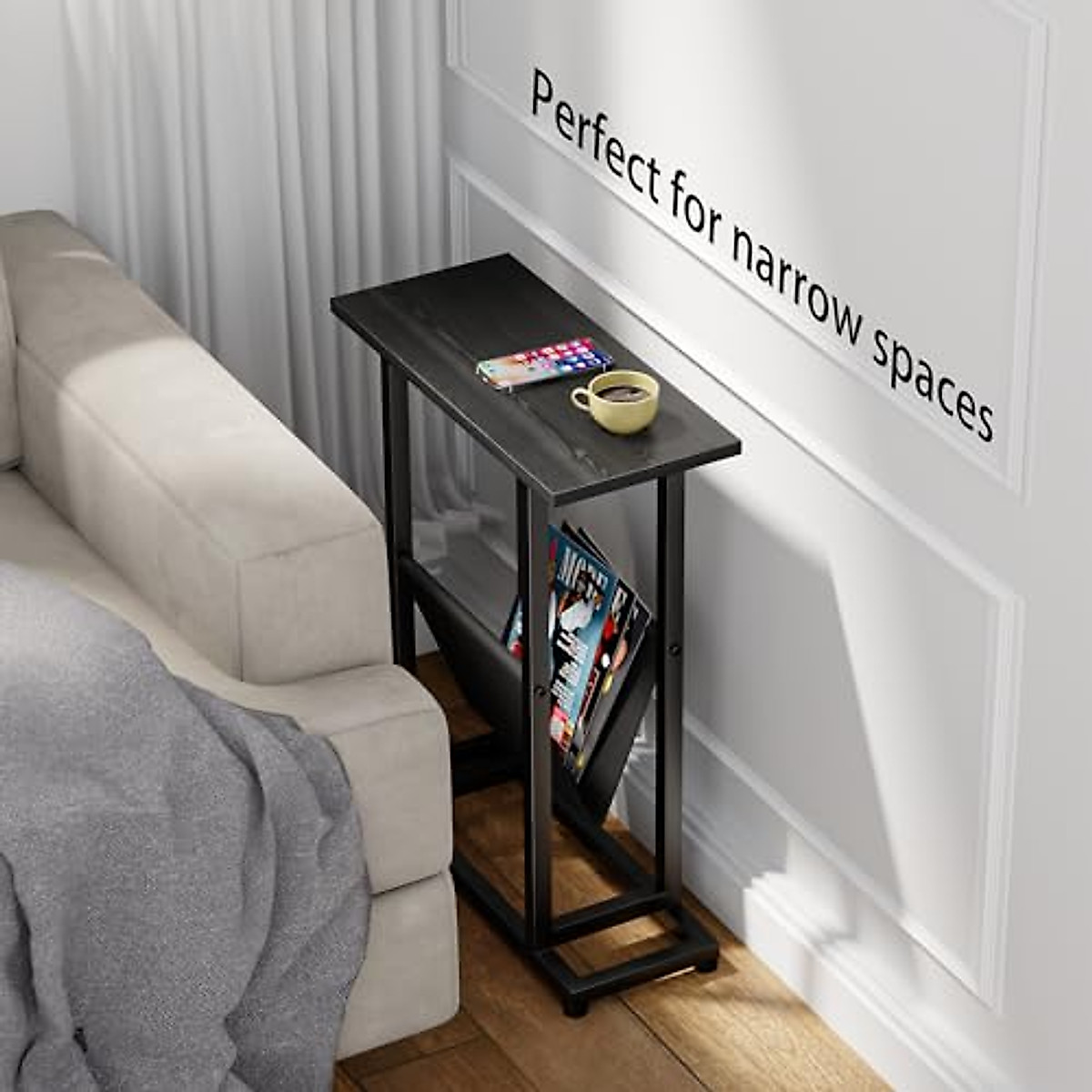 LAKEMID Narrow Side Table Set of 2, Skinny End Table with Magazine Holder, Thin Bedside Table for Small Spaces Living Room, Small Nightstands Bedroom, Black