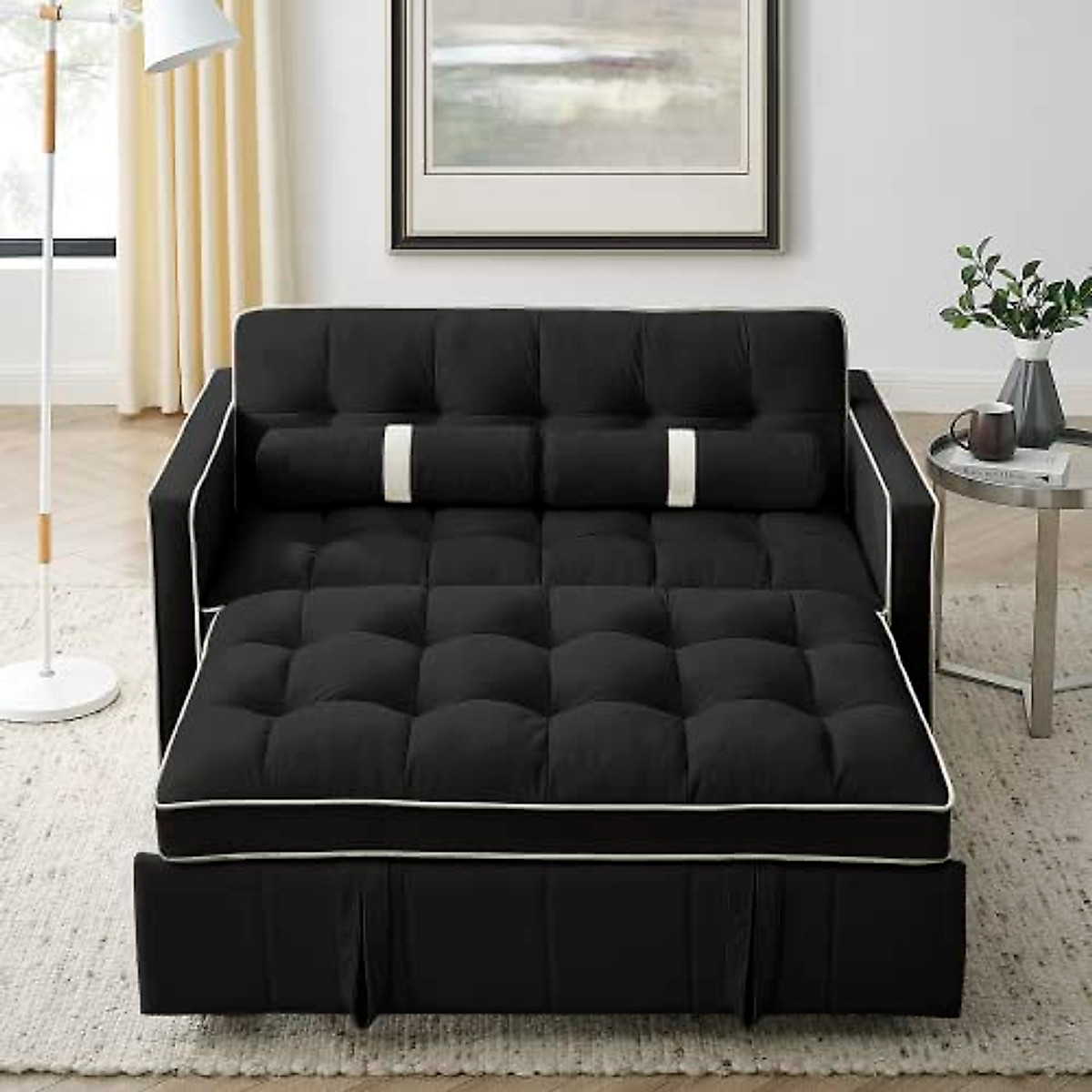 akucvor 55.5" Sleeper Sofa Bed, Convertible 3 in 1 Loveseats Sofa Bed with Side Pockets, Multi-Function Velvet Pull Out Sofa Bed with Adjustable Backrest for Living Room Bedroom, Black