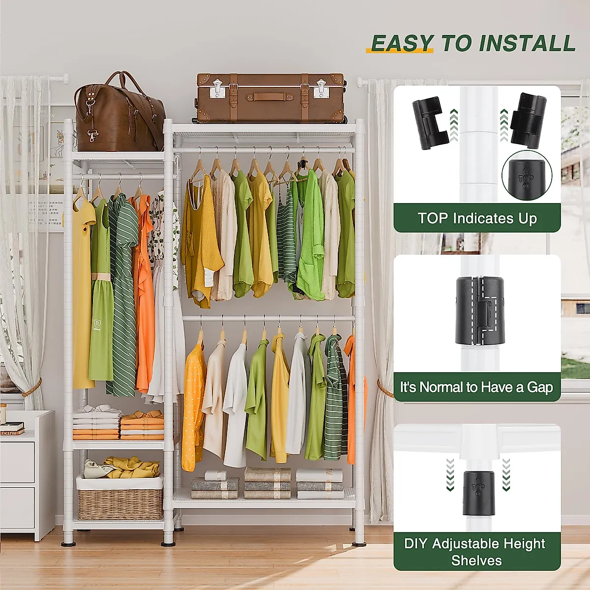 LEHOM G3 Garment Rack Heavy Duty Clothes Rack for Hanging Clothes, Freestanding Portable Wire Clothing Rack with Shelves, Adjustable Wardrobe Closet Rack, DIY Hanging Clothes Racks for Bedroom,White