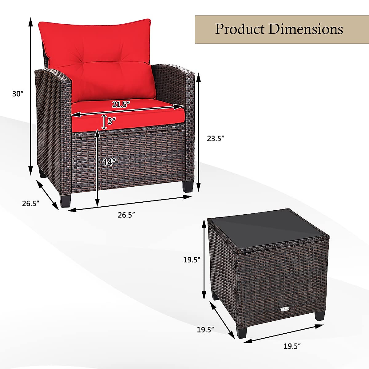 KOTEK 3 Piece Patio Furniture Set, Outdoor Conversation Set with Washable Cushions & Tempered Glass Tabletop, PE Rattan Wicker Bistro Set for Porch, Garden, Balcony (Red)