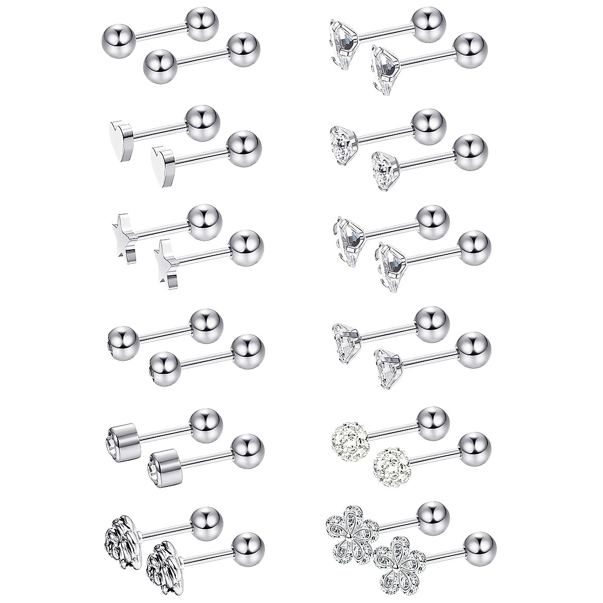 LOYALLOOK 12 Pairs Stainless Steel Ball Stud Earrings Barbell Cartilage Helix Ear Piercing 3-6mm 2 Colors (18G 12 Pairs Silver Tone 4mm)