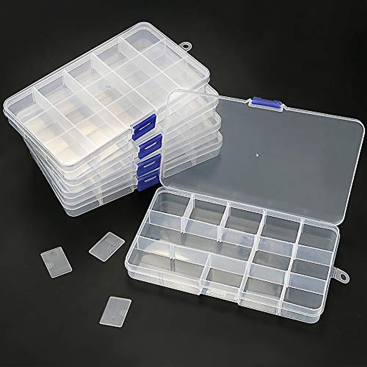 WYKOO 5 Pack 15 Grids Transparent Plastic Bead Organizers, Clear Plastic Jewelry Organizer Box with Movable Dividers, Earring Storage Containers Small Craft Storage Box