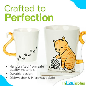 infloatables Orange Cat Mug & Coaster Set - 3D Ceramic Coffee Mug - Cat Tea Cup with Tail Cat Handle - Novelty Coffee Mugs - Cute Cups - Cute Cat Tea Mug - Cat Lover Gifts for Women (12oz)