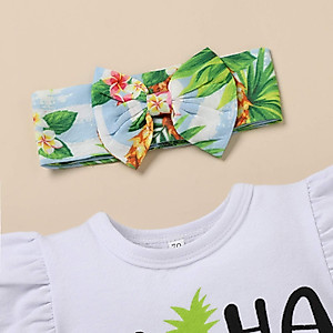IMEKIS Aloha Beaches Pineapple Outfit Baby Girl Ruffle Sleeve Romper Shorts Pants Headband Hawaii Summer Themed fruits 1st Birthday Coming Home Clothes Newborn Hawaiian Themed Baby Shower 6-9 Months