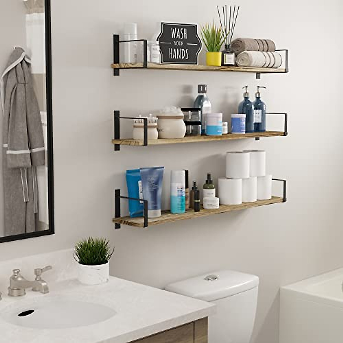 Wallniture Toledo Floating Bookshelf Set of 3, Wood Floating Shelves for Wall Storage, 36"x6" Long Wall Shelves for Living Room, Bathroom, Bedroom, Kitchen Pantry,Burnt Finish