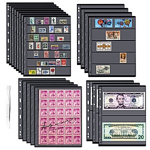 20 Sheets Stamp Pages for Stamp Album Binder, 1/2/5/7 Rows Pages for Stamps Postage Collection Book, Stamp Collecting Supplies for Stamp Collectors Display (with 1PCS Stamp Tweezer)