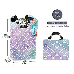 Blueangle Large Violet And Blue Mermaid Scales Laundry Basket Collapsible Oxford Fabric Laundry Hamper Foldable Clothes Laundry Bag with Handles