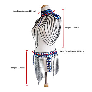 Sinkcangwu Boho Jewelry Set Body Chain Suit Tribal Harness Bra Crop Top Necklace Skirt for Women Summer Beach Party (Black and Blue)