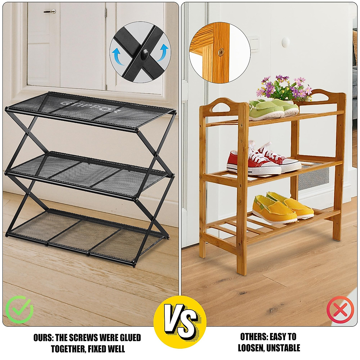 GTIPPOR Small Shoe Rack for Entryway - 3 Tier Shoe Organizer Metal Foldable Shoes Storage Rack, Zero Tool Install, Sturdy Shoe Rack for Closet, Front Door Entrance, Living Room - Space Saving, Black