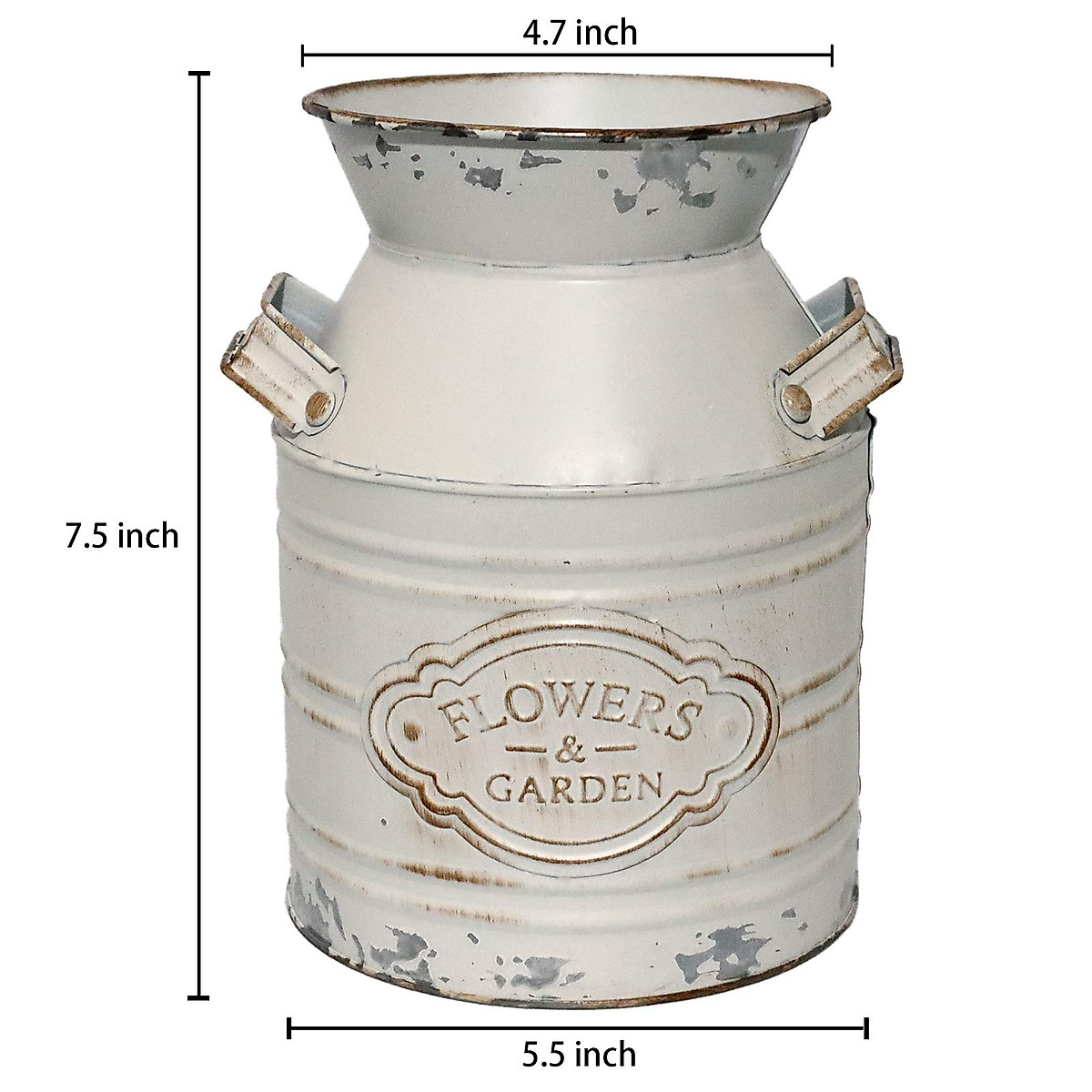 PHILPETY Shabby Chic Classy Designed White Milk Can Galvanized Finish Metal Vase Country Rustic Primitive Decorative Flower Holder, 7.5" H