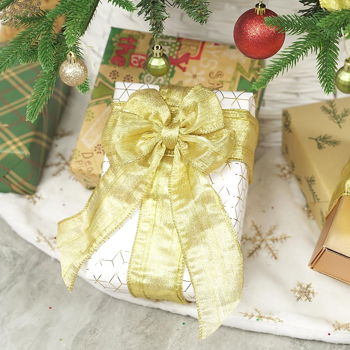 HUIHUANG Gold Wired Ribbon 2-1/2" Metallic Crinkle Gold Christmas Tree Ribbon for Bows Making, Wreath Making Supplies, Gift Wrapping, Holiday Home Decor, Garland, DIY Crafts -10 Yards