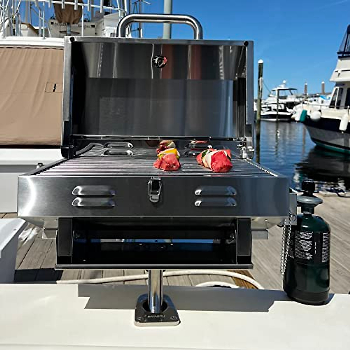 Boat Grill with Mount - Portable Propane Gas BBQ - Grills Secure into Rod Holder | Adjustable Legs for Table Top Use | Stainless Steel Marine Stove -Great Outdoor Barbecue