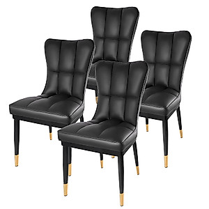 Bekrvio Set of 4 Leather Dining Room Chairs, Light Luxury Modern Kitchen Chairs with Waffle Stitch High Back, Upholstered Side Chair Solid Metal Legs for Kitchen Living Room, Dinning Room (Black)