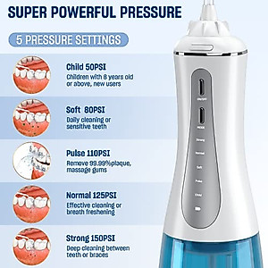 Cordless Water Dental Flosser for Teeth - Portable and Rechargeable 350ML Oral Irrigator with 5 Modes 6 Replaceable Tips - IPX7 Waterproof Powerful Battery Life Water Dental Picks for Travel Home Use