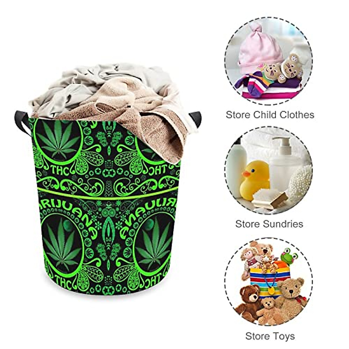 Green Leaf Weed Large Laundry Basket Hamper Bag Washing with Handles for College Dorm Portable