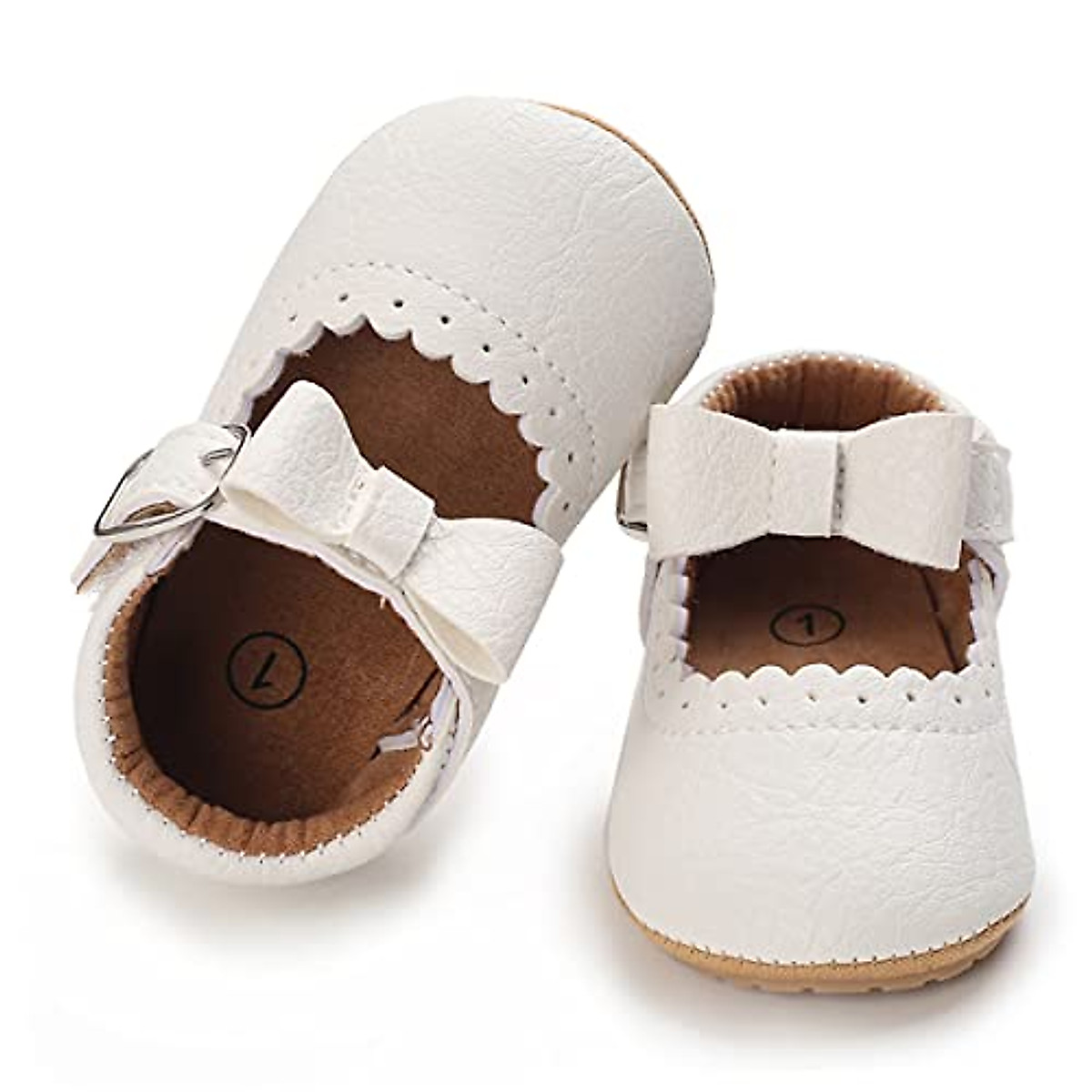 Timatego Baby Girl Mary Jane Flats Lace Bow Non-Slip Soft Sole Newborn First Walker Wedding Princess Party Dress Shoes(6-12 Months Infant P White)