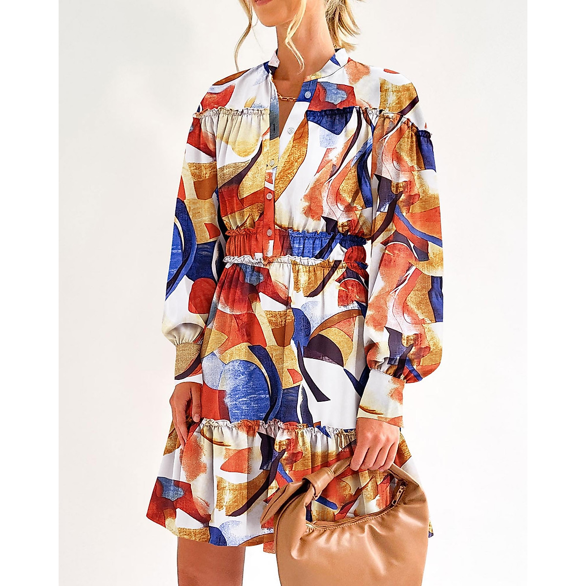 KIRUNDO Women Long Sleeve Dress Button Up Oil Mottled Print Exotic Dresses Casual Loose Elastic Waist A Line Short Dress Party Dress Homecoming Dresses(Blue, Small)