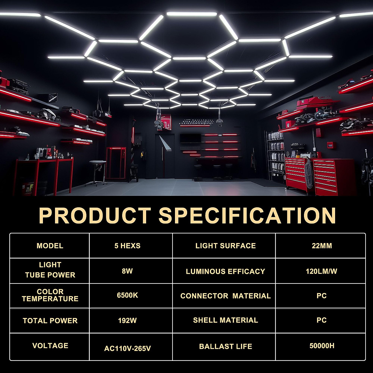 SLARY LED Hexagon Garage Lights, 24 Pack Car Garage Light Tubes, 192W, 23040LM, 6500K Super Bright, 5 Grid Systems Car Detailing Ceiling LED Light for Garage Warehouse Workshop Basement Gym