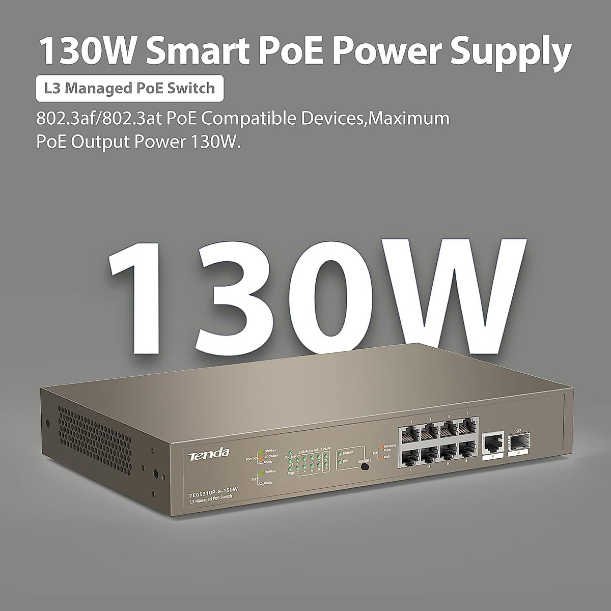 Tenda TEG5310P, Layer-3 Gigabit Managed PoE Switch, Enterprise 10 Port PoE Switch with 8 x PoE+ @ 150W, 1 x GE Port & 1 x SFP Port, Smart PoE Power Supply, Flexible QoS/ IGMP/ ACL/ ARP/ DHCP Snooping