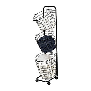 Farios 3 Tier Rolling Laundry Hamper with 3 Removable Wire Basket, Metal Sorter Storage Trolley Shelf Basket with Wheel, Tall Clothes Laundry Basket bin with Wheels-Black
