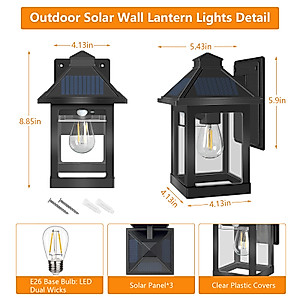 Solar Lanterns Outdoor Waterproof with 3 Modes, Solar Porch Lights Dusk to Dawn Outdoor Lighting, Motion Sensor Outdoor Wall Lights, Exterior Lighting Fixtures for Yard, Fence, Patio, Barn, Garage