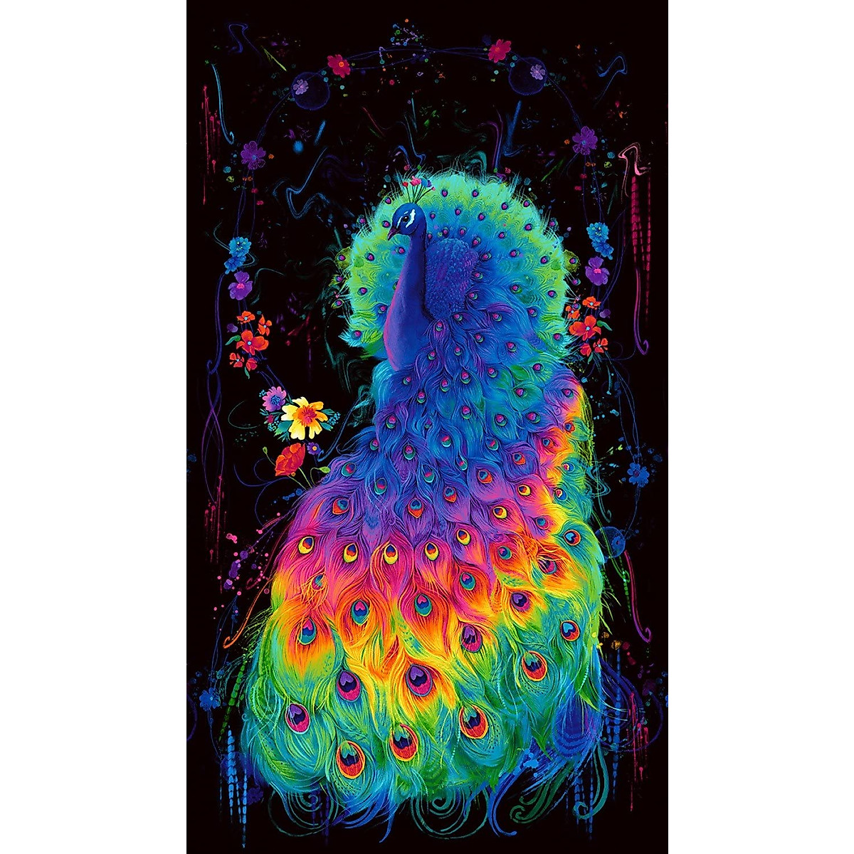 Timeless Treasures Glow Rainbow Peacock Black 24" Panel Premium Quality 100% Cotton Fabric by The Panel.