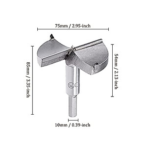 Kozelo Forstner Drill Bit - [75mm] Tungsten Carbide Auger Opener for Wood Furniture Hinge Woodworking Use, Hex Shank, Gray