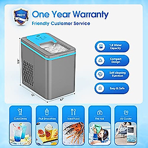 VECYS Countertop Ice Maker Machine, 9 Bullet Ice Cubes Ready in 8 Mins 26LBS in 24 Hours, Self-Clean 1.8L Portable Ice Maker with Ice Scoop and Basket, Great for Home, Office, Grey and Blue