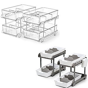 LANDNEOO 2 SET, 2 Tier Clear Organizer with Dividers & 2 Set, 2 Tier Pull-Out Under Sink Organizer and Storage with Dividers