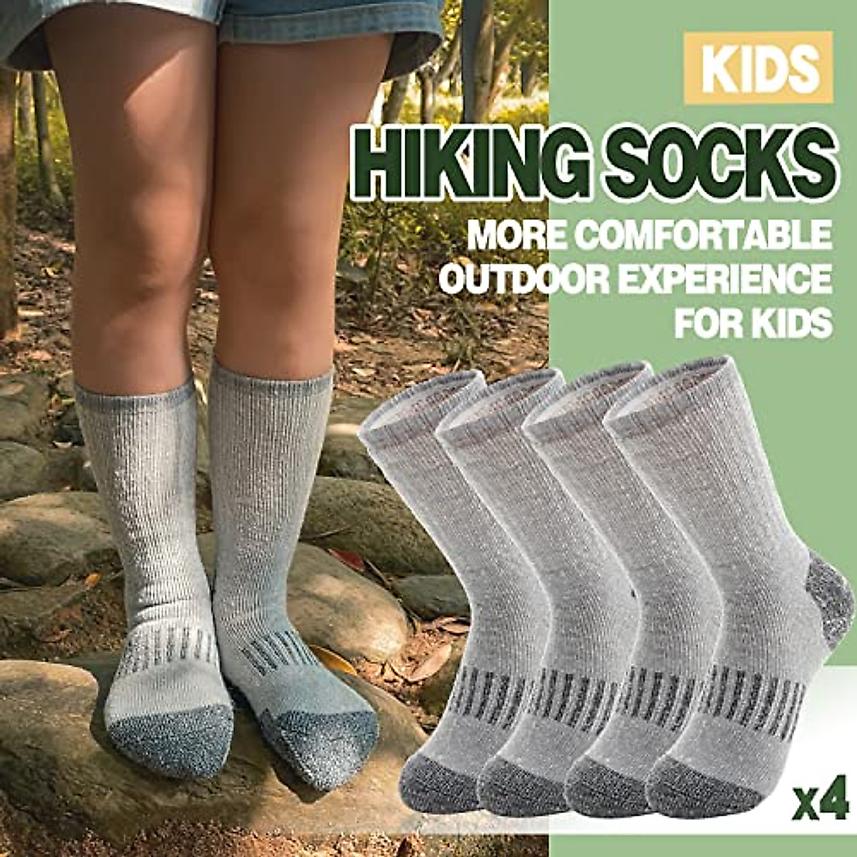Sandsuced Kids Merino Wool Hiking Socks Girls Boys Winter Thermal Warm Cozy Boot Thick Cushion Gift Stocking Stuffers Socks 4 Pairs(Grey,4-7 Years)