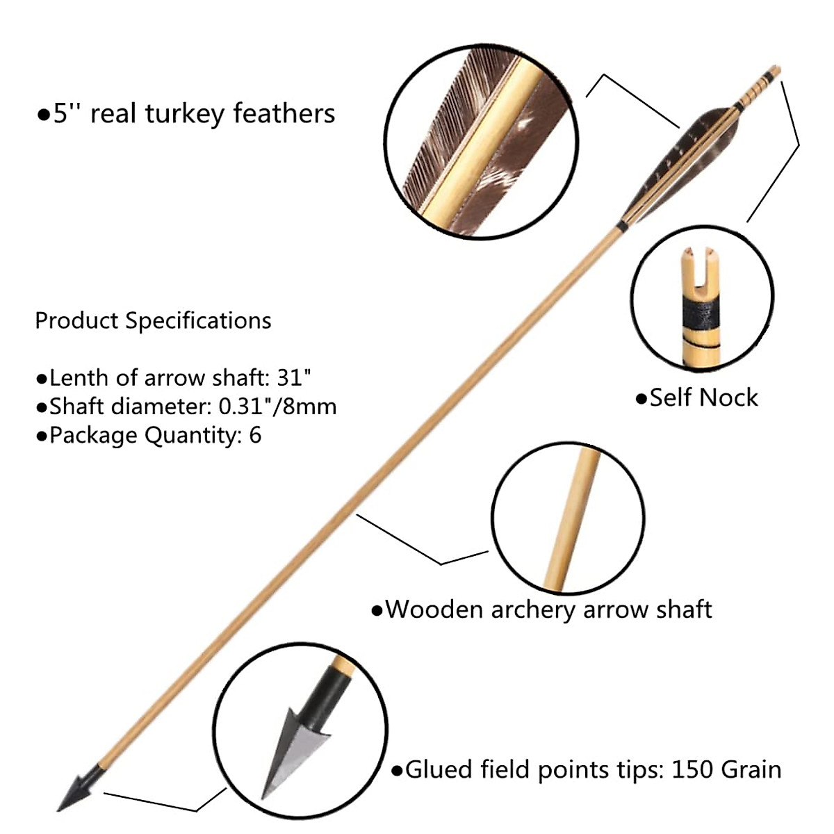 Huntingdoor Archery 31" Turkey Feather Fletching Wooden Arrows with Field Points for Hunting Shooting targeting Practice for Recurve Bow Longbow 6pcs