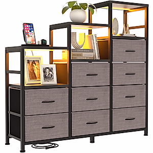 HPWLYO 9 Drawer Dresser with LED Light, Tall Fabric Drawers Dresser for Bedroom with Power Outlets, Dressers & Chests of Drawers with 3 Shelves for Bedroom