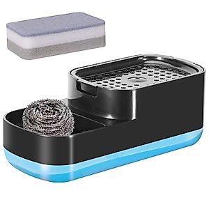 Obsoorth 20 Ounces Dish Soap Dispenser for Kitchen Sink with Sponge Holder 3 in 1 Easy Refill Dishwashing Caddy Liquid Detergent Pump Organizer on Bathroom Counter, Black