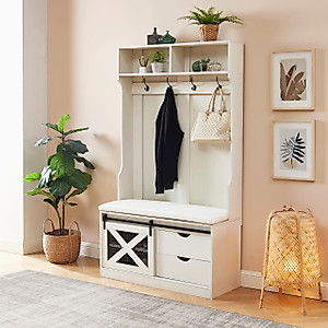 Edwin's Choice 71" H Entryway Hall Tree with Coat Rack and Storage Bench, Wood Coat Tree with Cushioned Stool and Hooks for Hallway, Living Room, Mudroom (Rustic Oak)