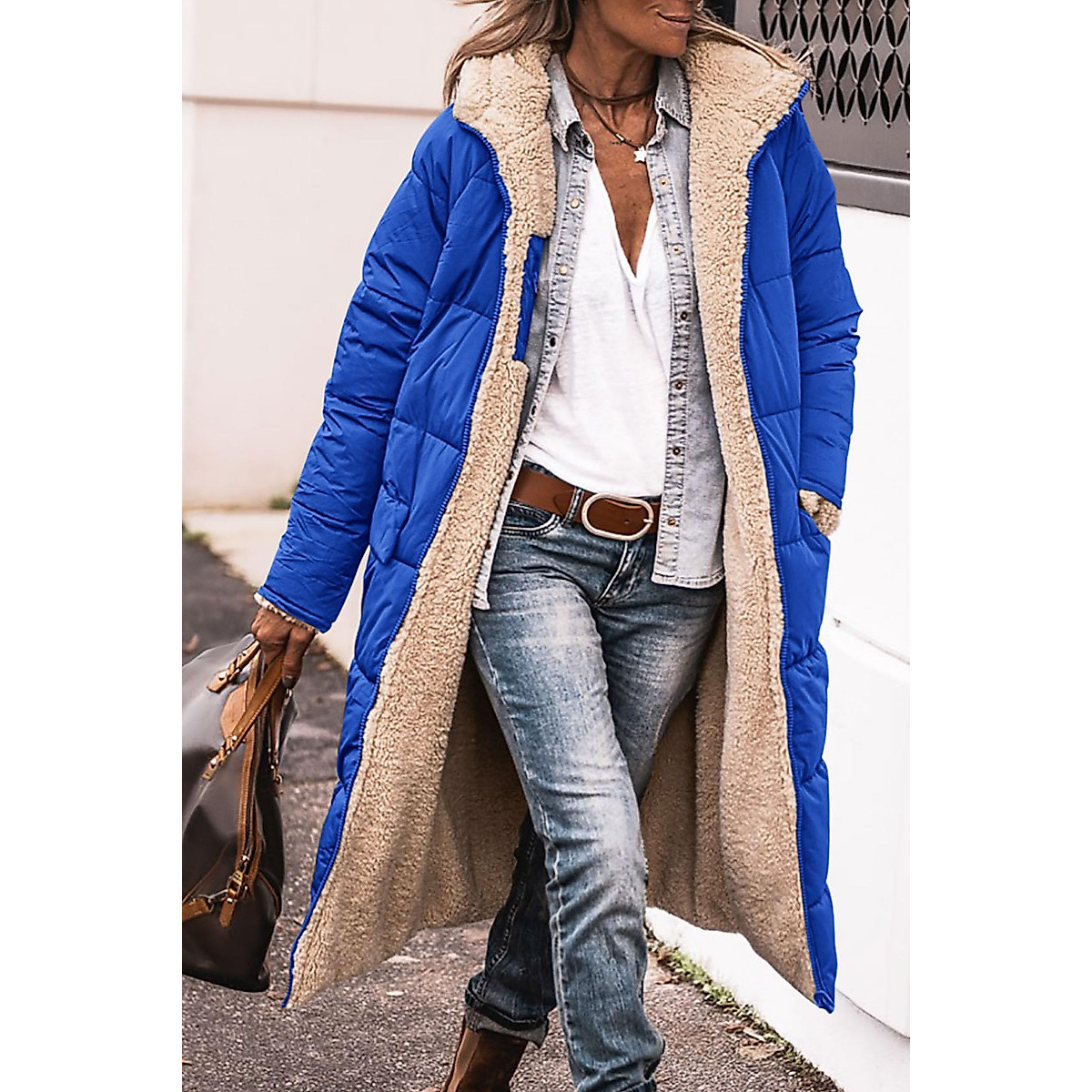 PRETTYGARDEN Womens 2025 Winter Puffer Jackets Long Sleeve Zip Up Sherpa Fleece Coats Outerwear (Royal Blue,Large)