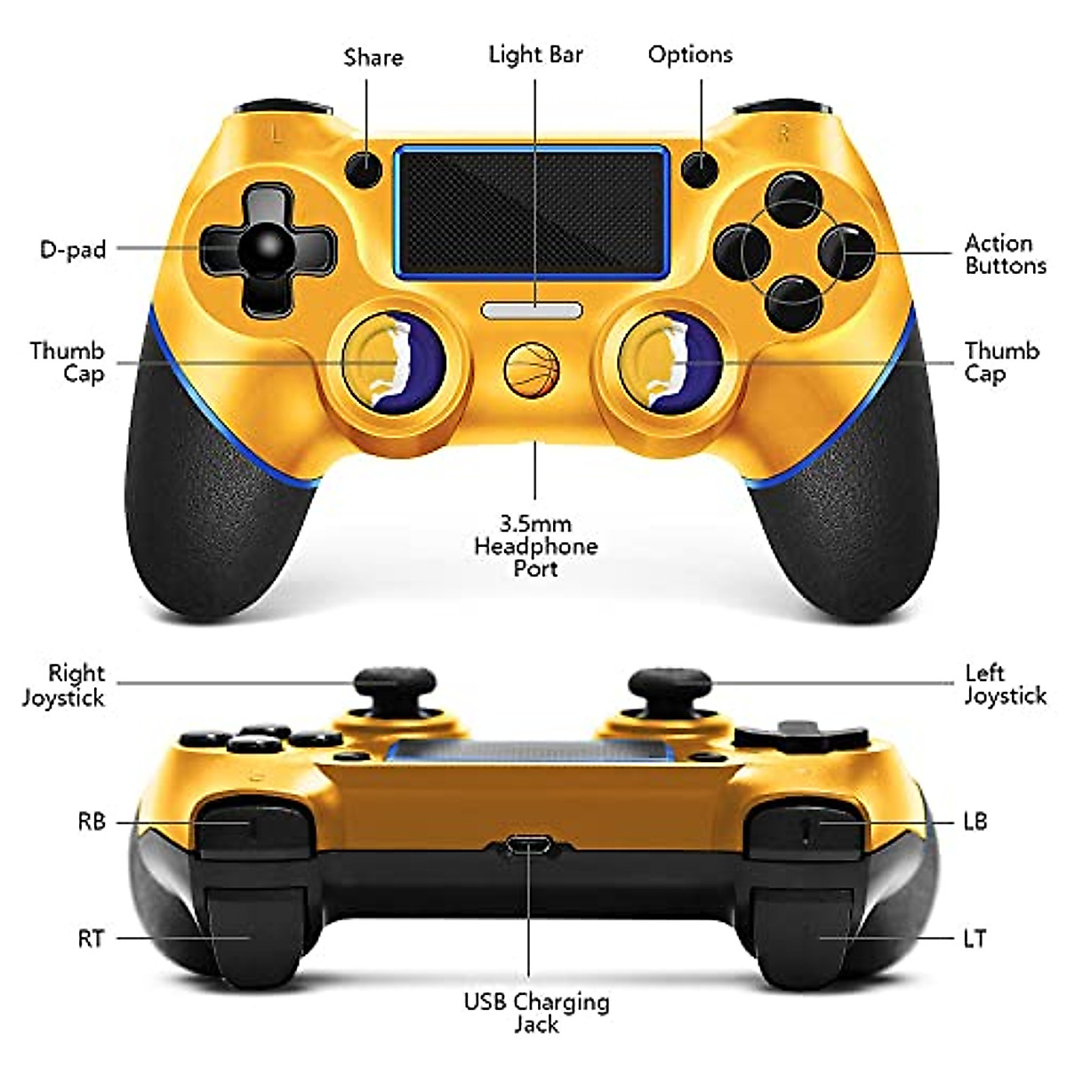 AceGamer Wireless Controller for PS4, Custom Basketball Design V2 Gamepad Joystick for PS4 with Non-Slip Grip of Both Sides and 3.5mm Audio Jack! Thumb Caps Included! (Dark-Gold Basketball)