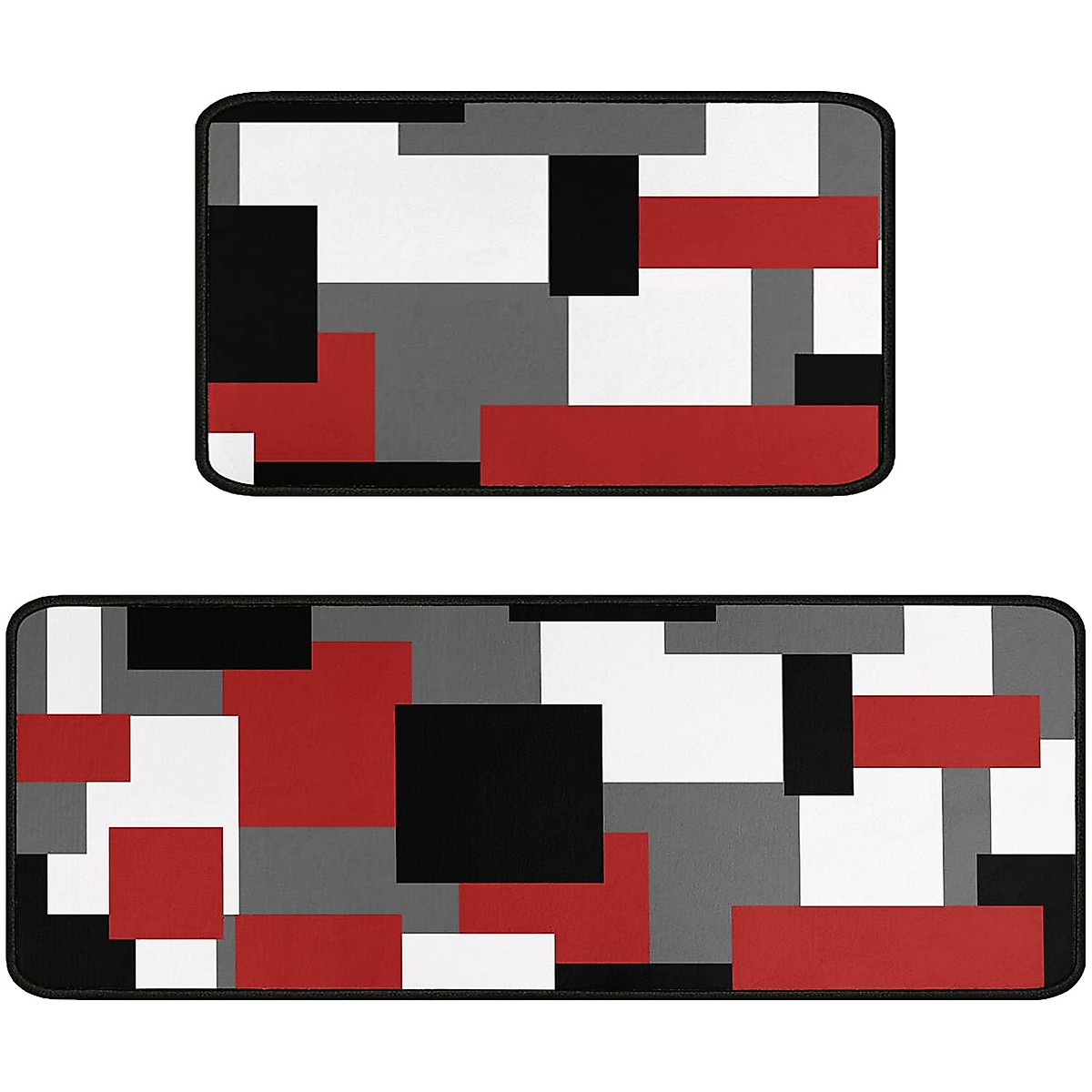 Red Black White Geometric Patterns Kitchen Rugs and Mats Set of 2,Modern Decoration Style Kitchen Mat Non-Slip Absorbent Mats for Sink Waterproof Runner Rug for Laundry Room 17x30+17x48inch