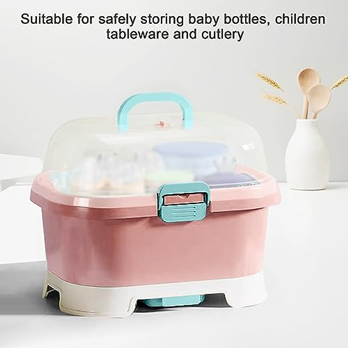 Baby Bottle Holder, Portable Large Capacity Toddler Bottles Storage Box with Lid Cover Anti-Dust Protection and Cutlery Storage Baby Bottle Drying Rack for Baby at Home Kitchen Travel Outdoors(2#)