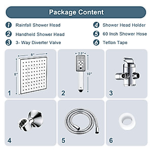 BRIGHT SHOWERS Rain Shower Head with Handheld Spray, 8 Inch High Pressure Rainfall Shower Head Combo with 60” Hose, Adjustable Dual Square Showerhead with 3-Way Diverter, Wall Bracket, Chrome