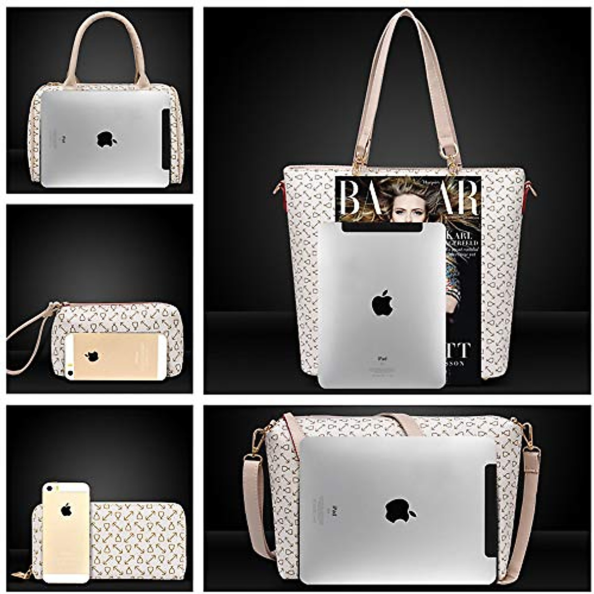 Women Handbag Set 6 Pcs PU Leather Tote Purse Set Multi-purpose Classic Shoulder Bag (Off White)