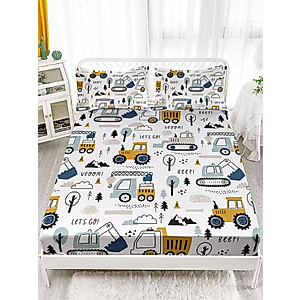 Datura home Woodland Construction Sheets Set 4Pcs for Kids,Cartoon Excavator Truck Lifter Print Sheet Set with 1 Flat Sheet and 1 Fitted Sheet + 2 Pillowcases(Woodland Construction Full)