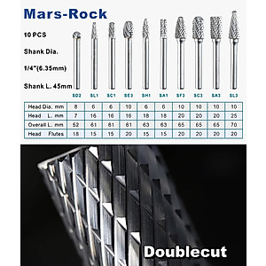 Mars-Rock Carbide Burr Set 1/4" Shank 10PCS w/Wood Base Die Grinder Bits Rotary Rasp File for Metal Welds Concrete Stone Wood Plastic Carving Cutting Chamfering Grinding Engraving Porting Trimming