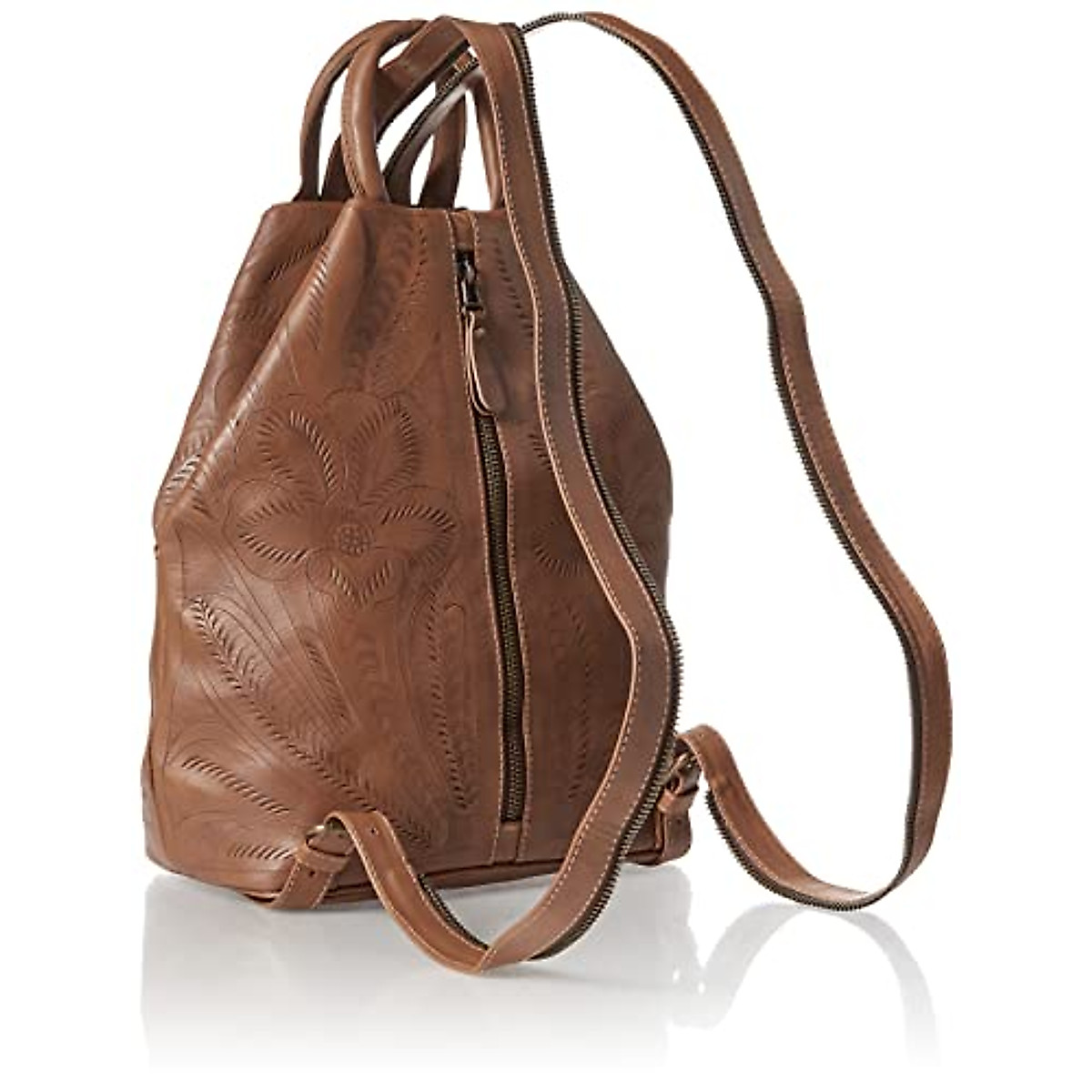 Ladies leather convertible backpack purse, handbag/backpack, Handmade, Handtooled, Floral pattern, zippers, 3 compartments (Brown)