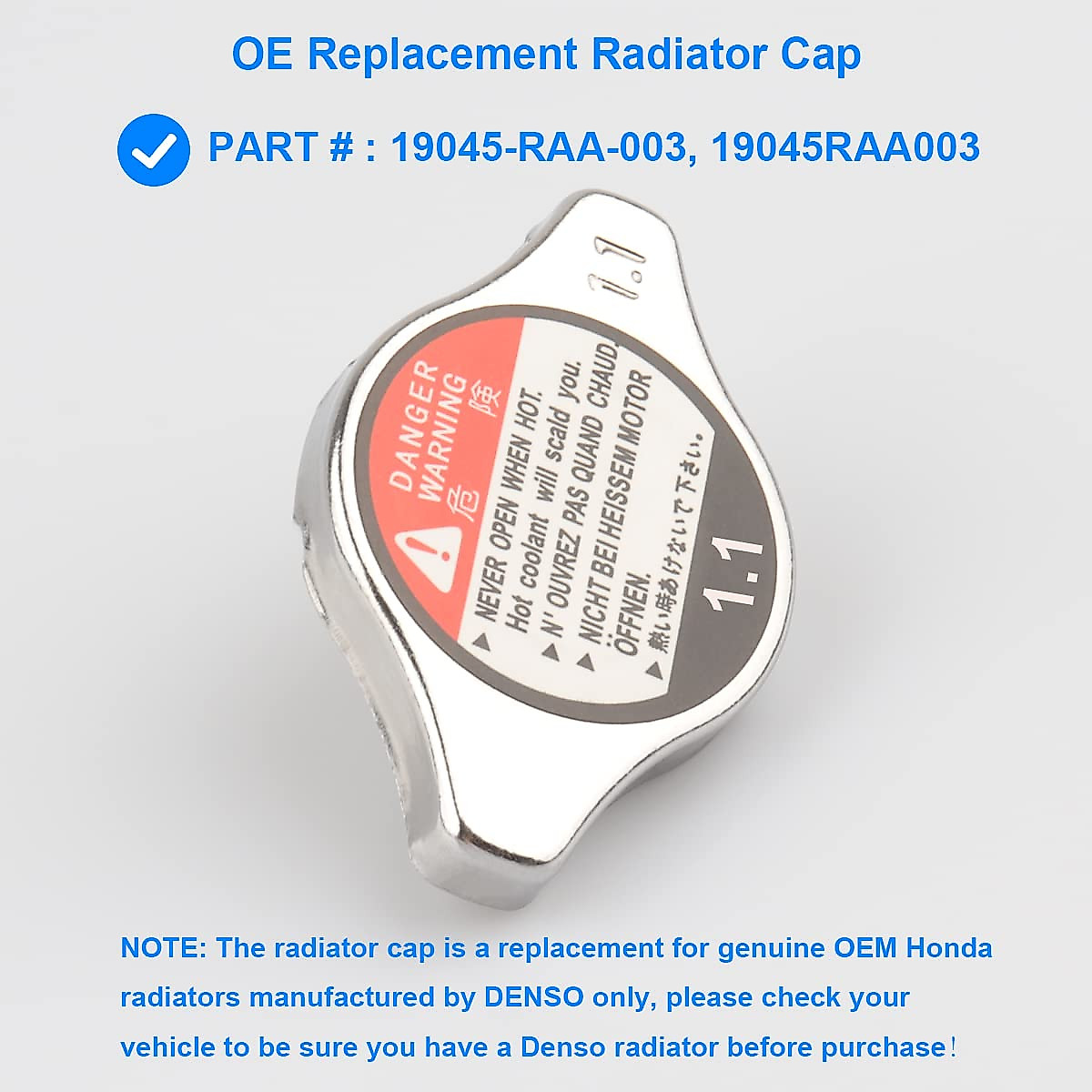 Radiator Cap, Replace 19045-RAA-003, 19045RAA003, 19045 RAA 003 Compatible with Honda, Acura - Accord, Civic, CRV, Element, Fit, Odyssey, Pilot, Ridgeline, S2000, MDX, TL, RDX, RL, RLX, TLX, TSX, ZDX