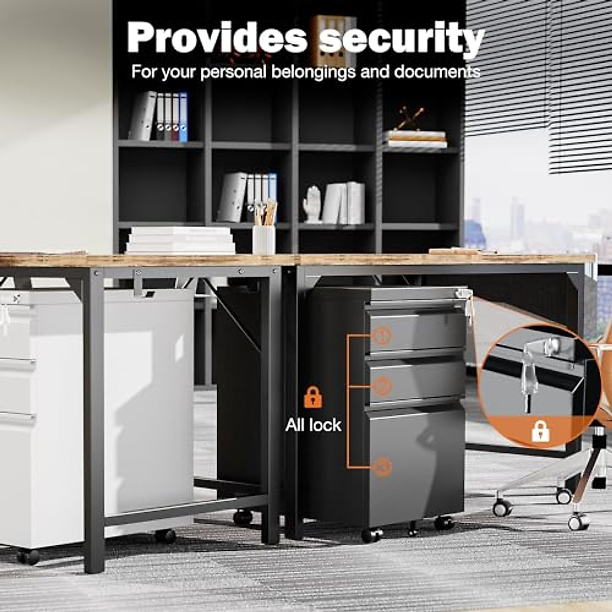 3 Drawer File Cabinet - Locking Filing Cabinet, Rolling Small Metal File Cabinets with Wheels, Under Desk storage for A4, Letter, Legal Pre-Assembled Home Office Mobile File Cabinet - Black